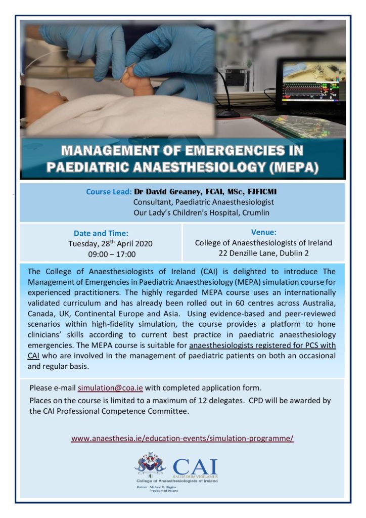 Management of Emergencies in Paediatric Anaesthesiology (MEPA) – The ...